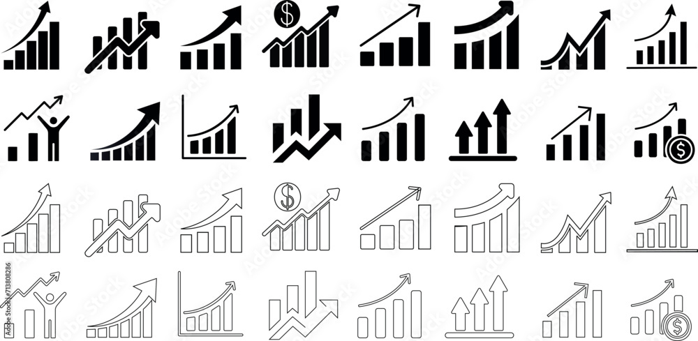 Growth chart, increment vector icons illustrating business increase ...