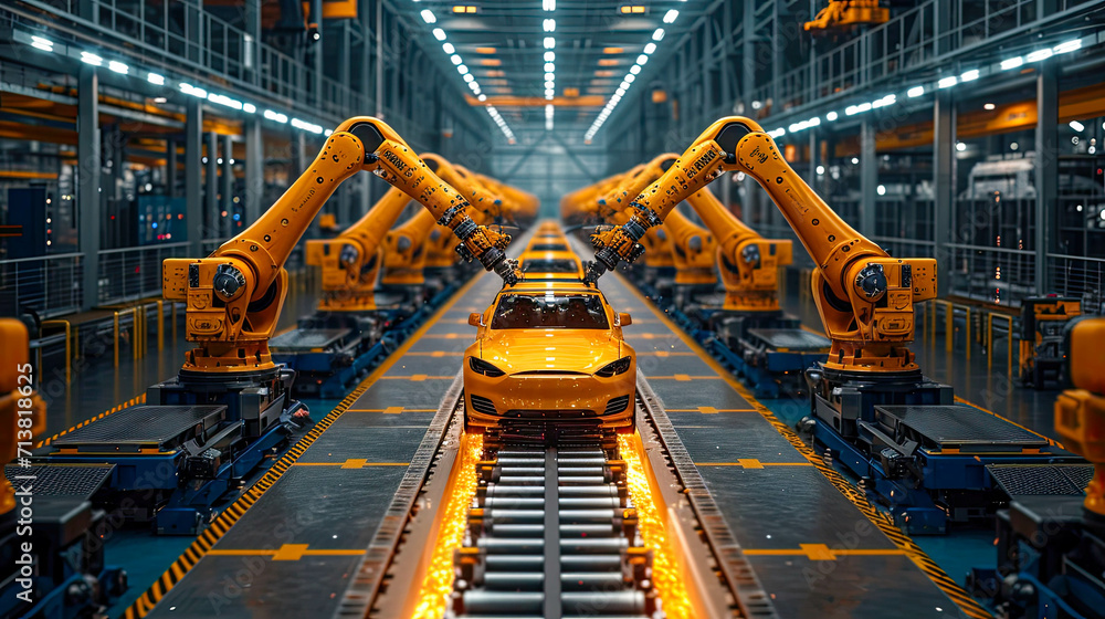 robot arm assembly line in factory. Concept of artificial intelligence ...