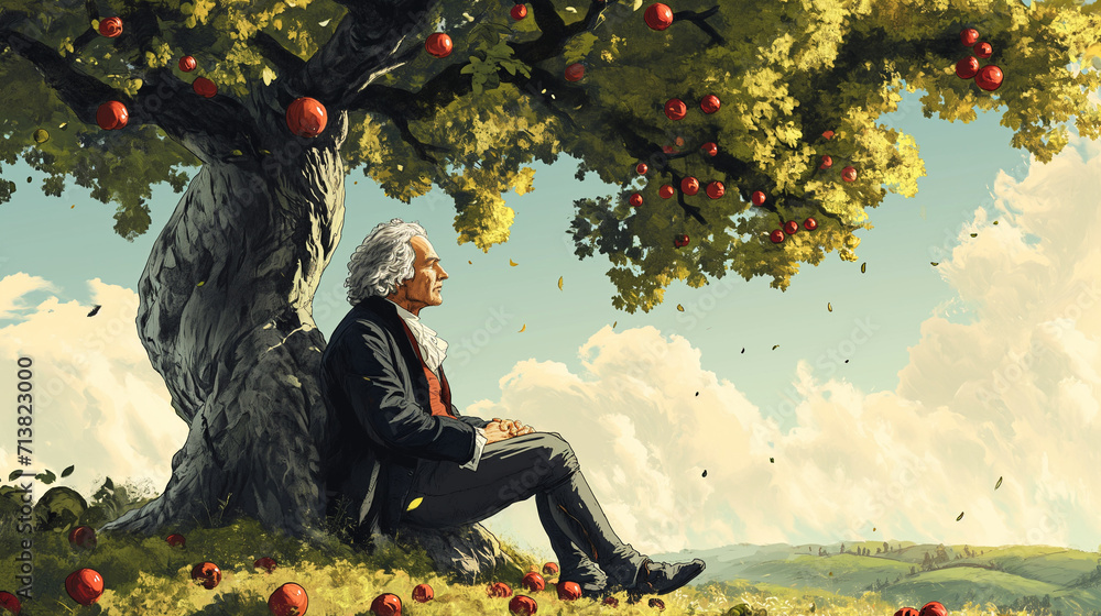 Illustration Isaac Newton discovered Newton's law of universal ...