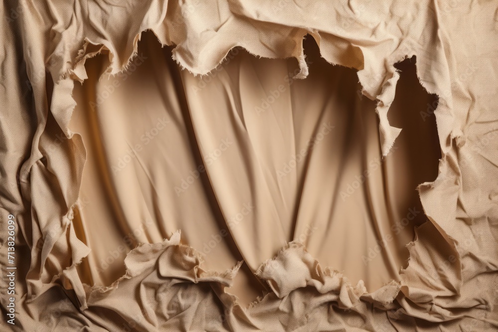 Hanging crumpled beige teared rag. Ragged material texture with big gap ...