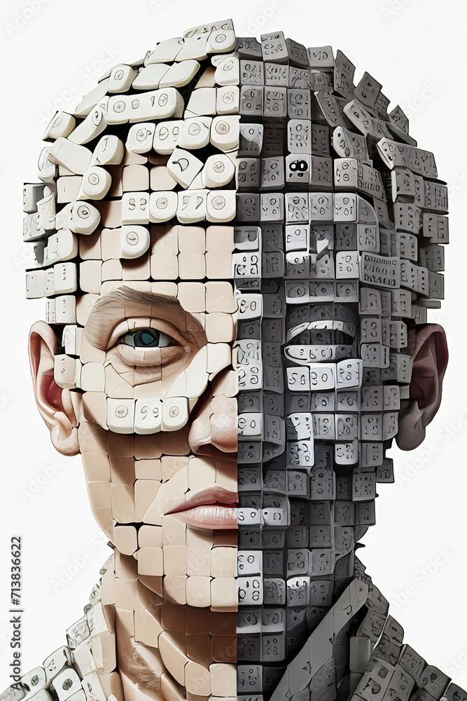 The anatomy of a human head made of domino pieces and shels, generated ...
