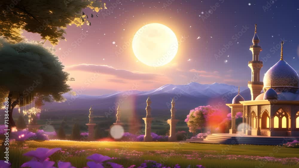 Beautifully Full Moon Islamic Background looping animation Mosque ...