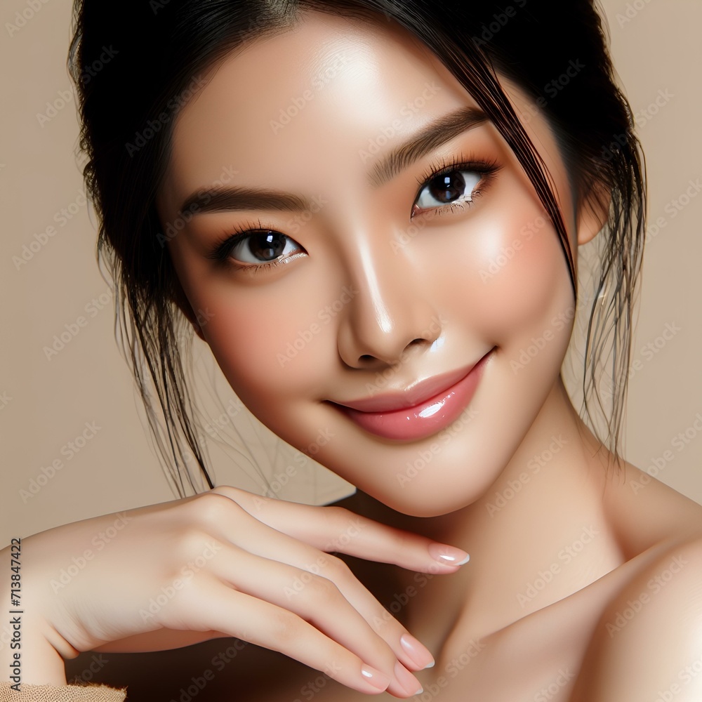 Beautiful young asian woman with clean fresh skin on beige background, Face care, Facial ...