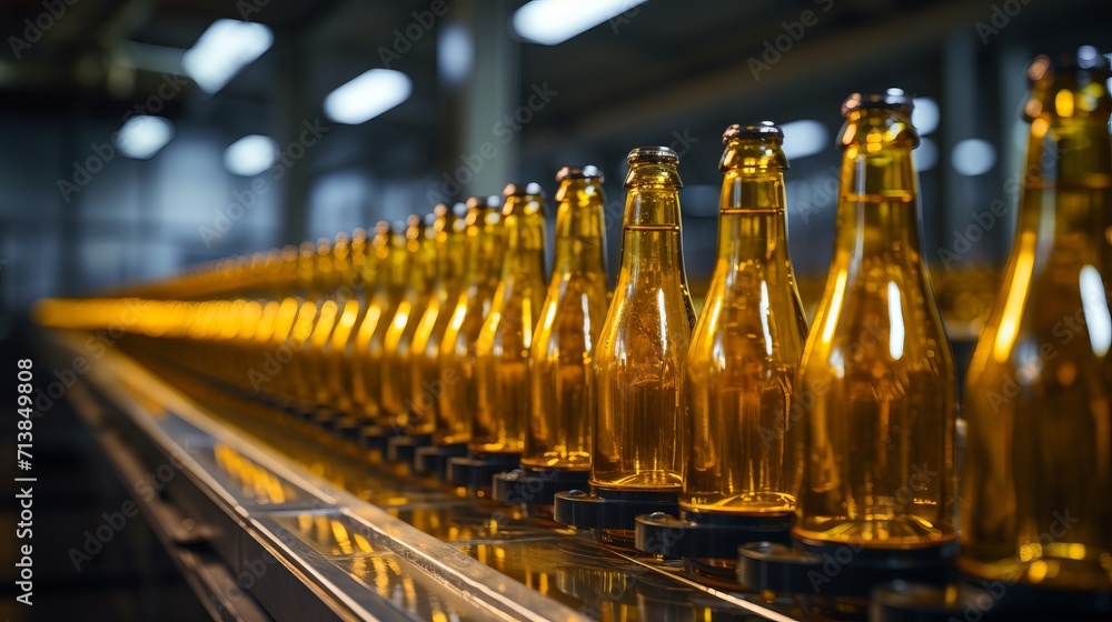 Belt conveyor transporting beer bottles in modern beverage production ...