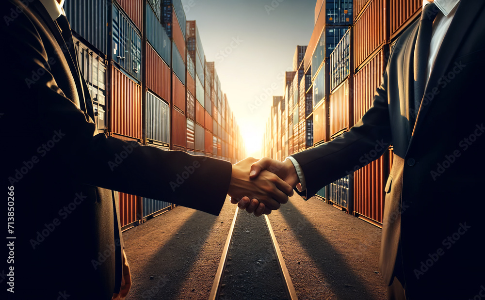 Two businesspeople shaking hands in a shipping container terminal at ...