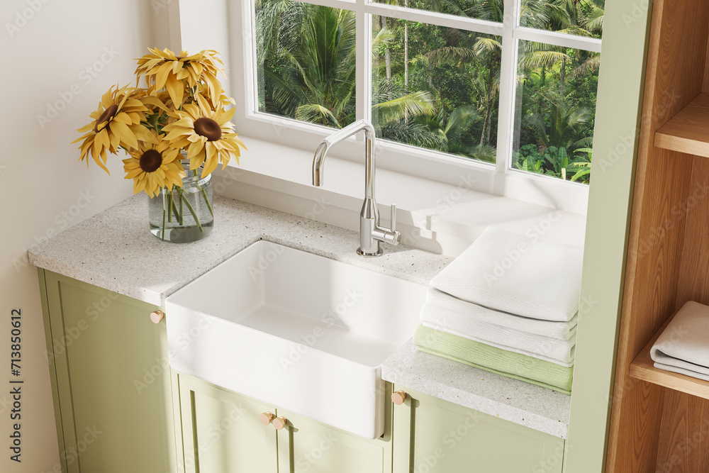 ภาพประกอบสต็อก Top view sink in laundry room interior with panoramic ...