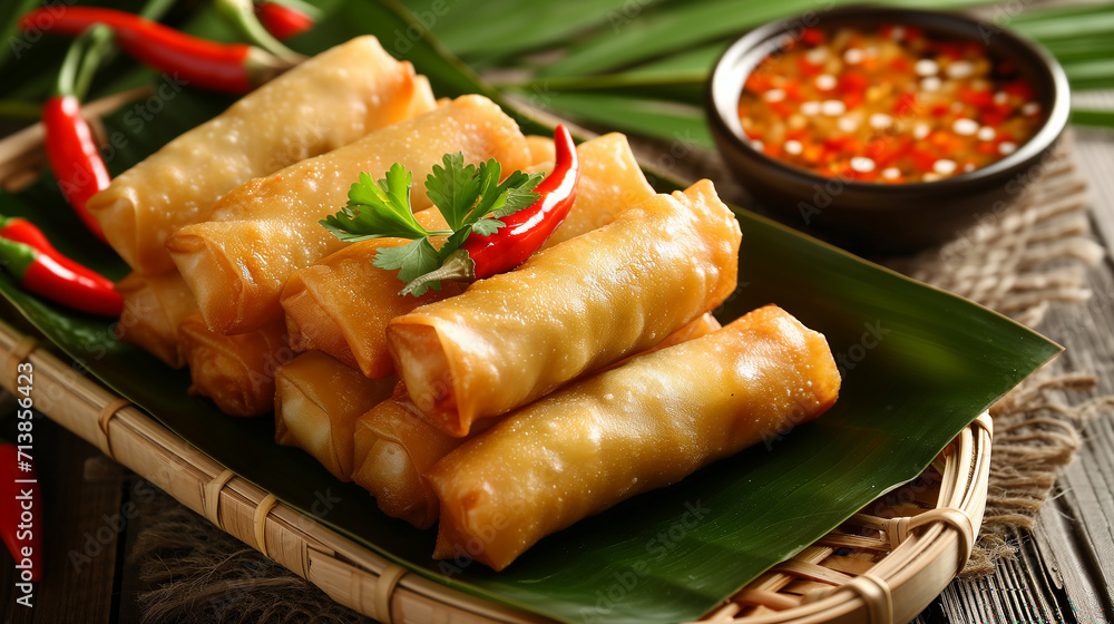 Filipino spring rolls filled with vegetablles with green chili pepper ...