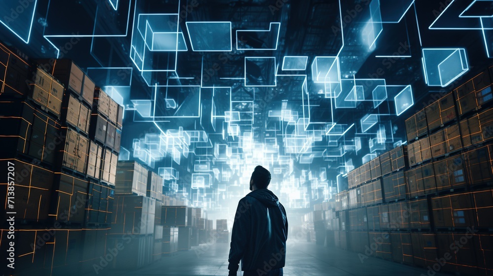 Logistics professional stands in a warehouse, surrounded by ...