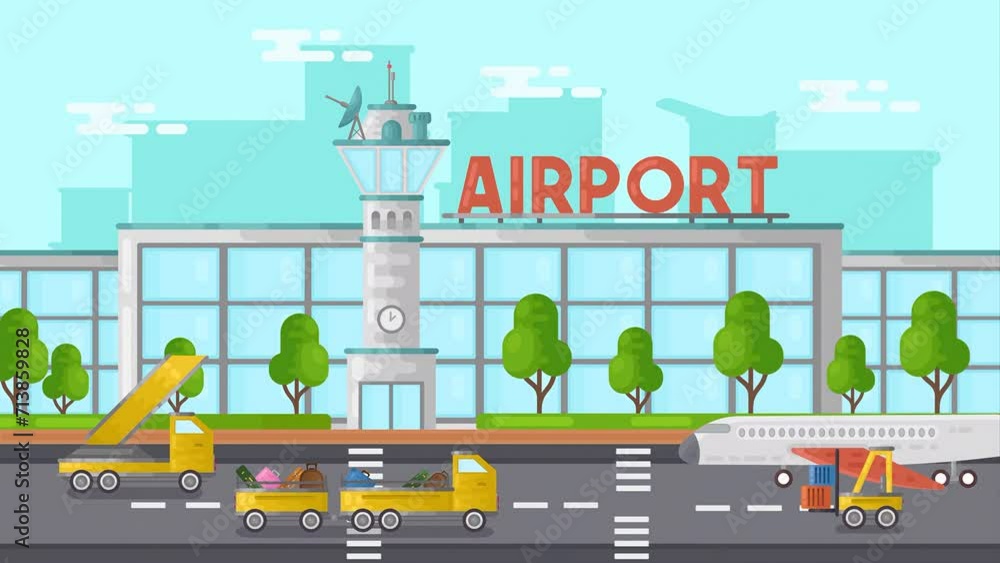 2D illustration Scene of Animated Airport Runway With Airplanes Arrival ...