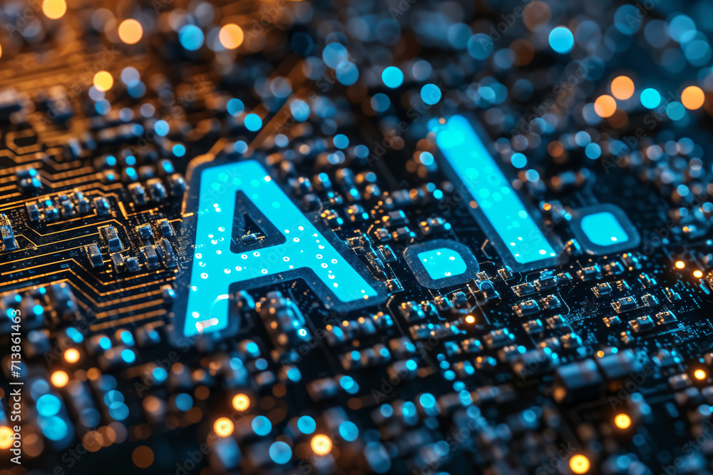 Artificial intelligence micro chip with text on chip,close-up of ...