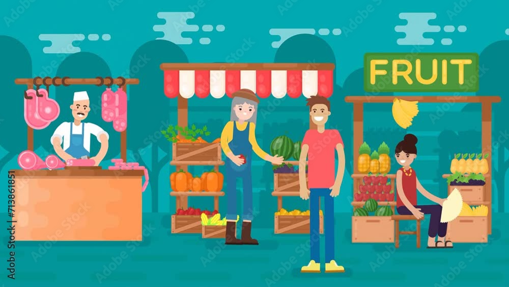 2D illustration Animated Scene of Market Where People Buying And ...