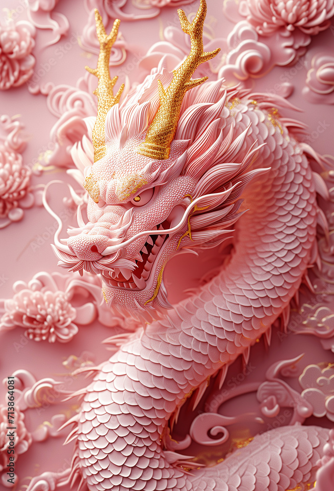 ornate pink and golden Chinese dragon on pink background Stock ...