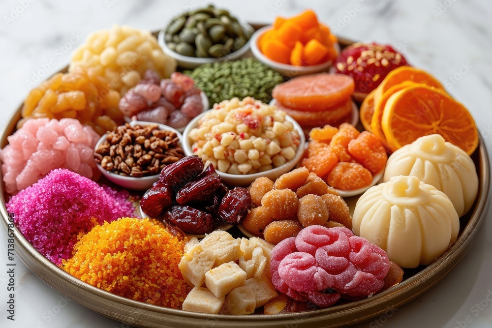 Group of Indian assorted sweets, mithai, gujiya, jalwbi, modak in thali ...