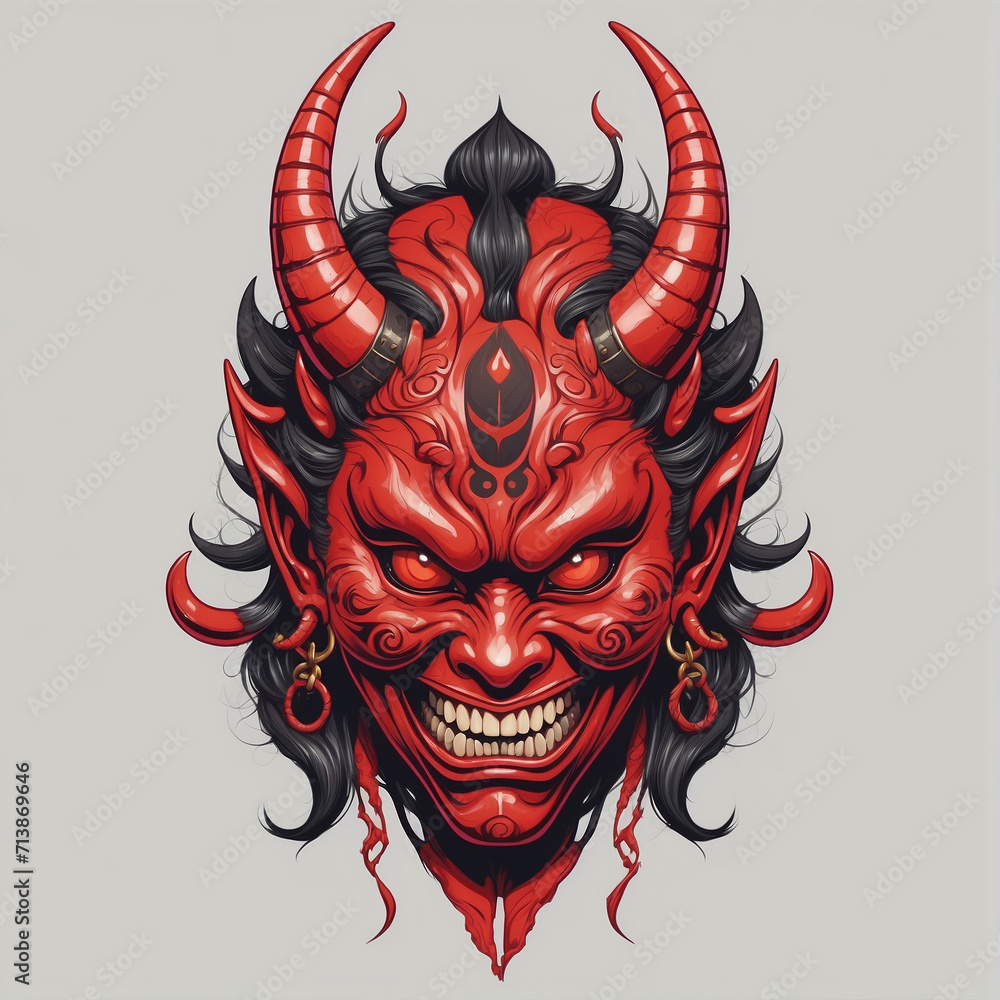 Illustration of a red oni mask with horns and sharp teeth facing ...