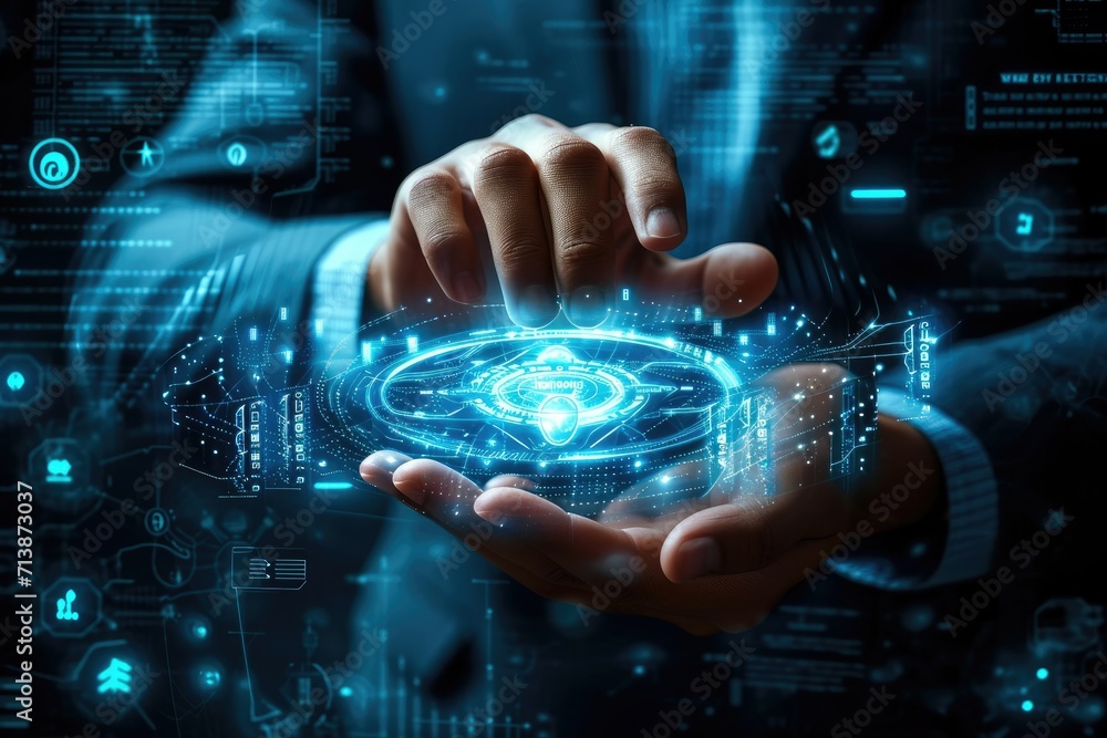 Intelligence and Automated machine learning language blue digital user interface with ...