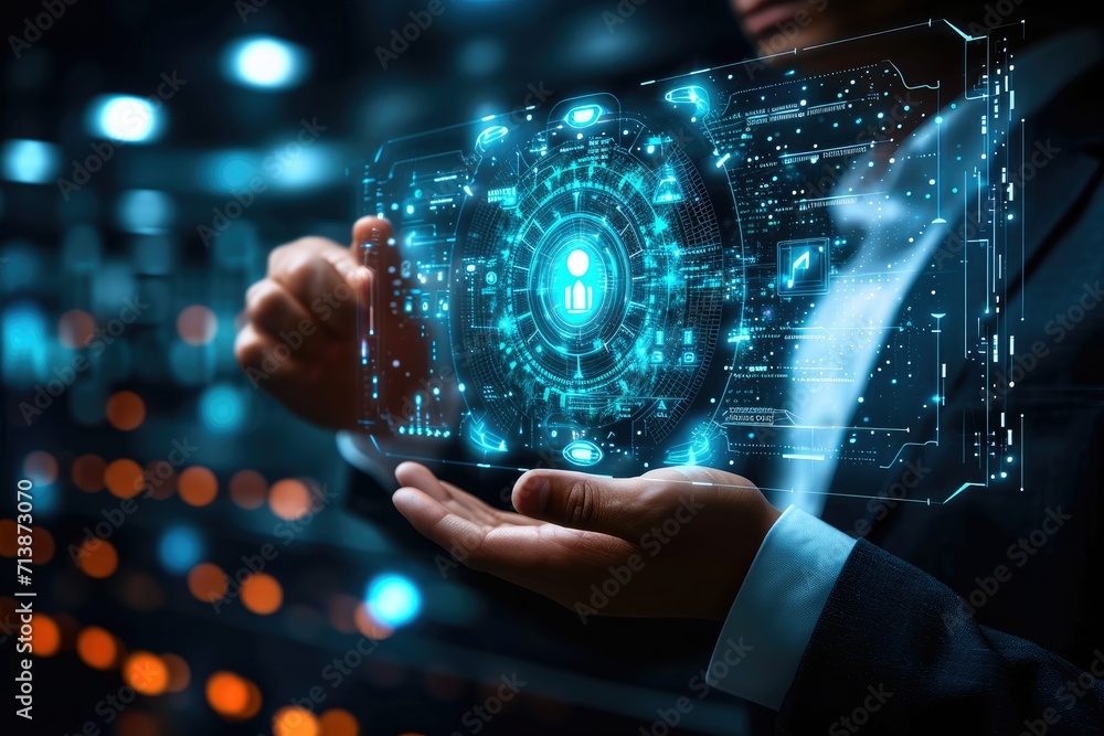 Intelligence and Automated machine learning language blue digital user interface with ...