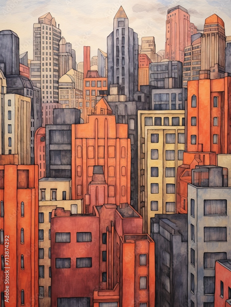 Vintage Downtown Drawings: Hand-Drawn City Skylines, Unique Print Stock ...