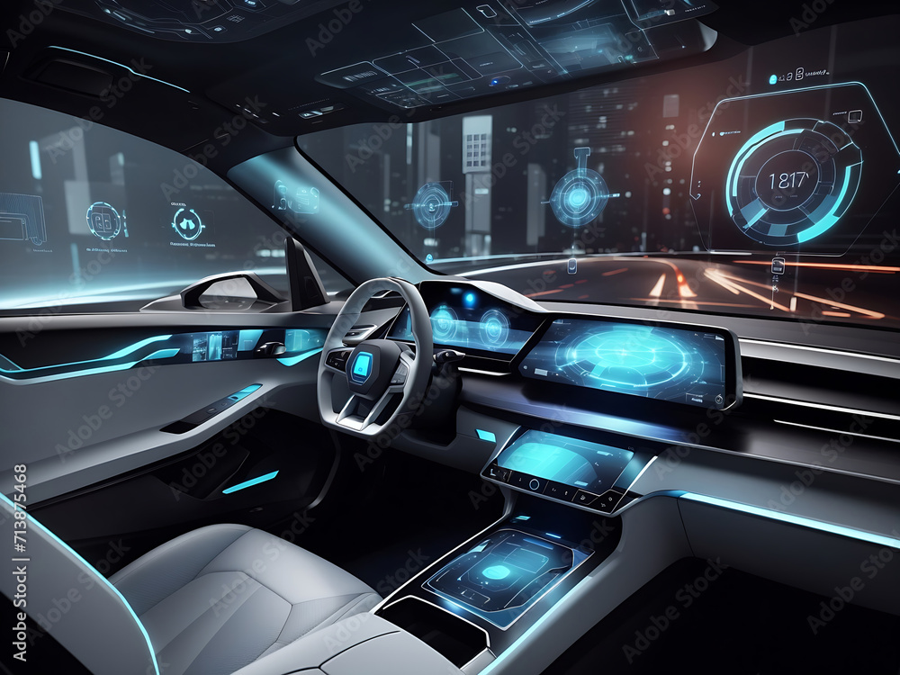 autonomous futuristic car dashboard concept with HUD hologram screens ...