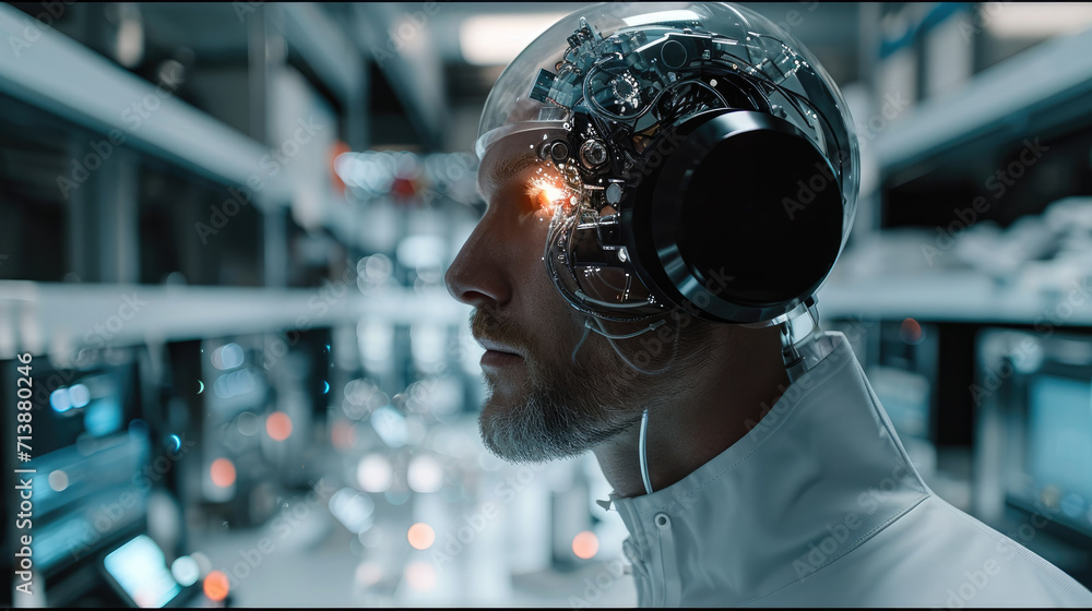 A high-precision artificial intelligence robot looks into the eyes of a ...