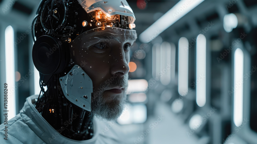 A high-precision artificial intelligence robot looks into the eyes of a ...