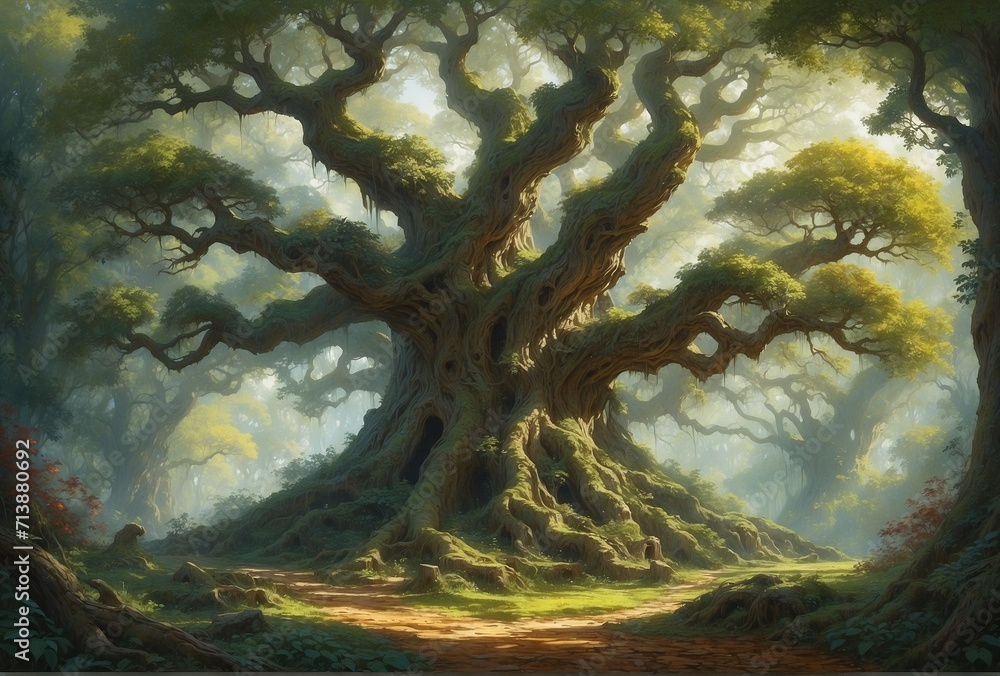 An opulent, labyrinthine forest depicted in a richly textured oil ...