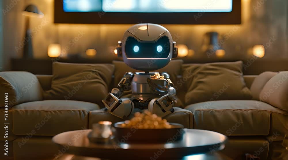 animated little robot sitting on the sofa, watching television while ...