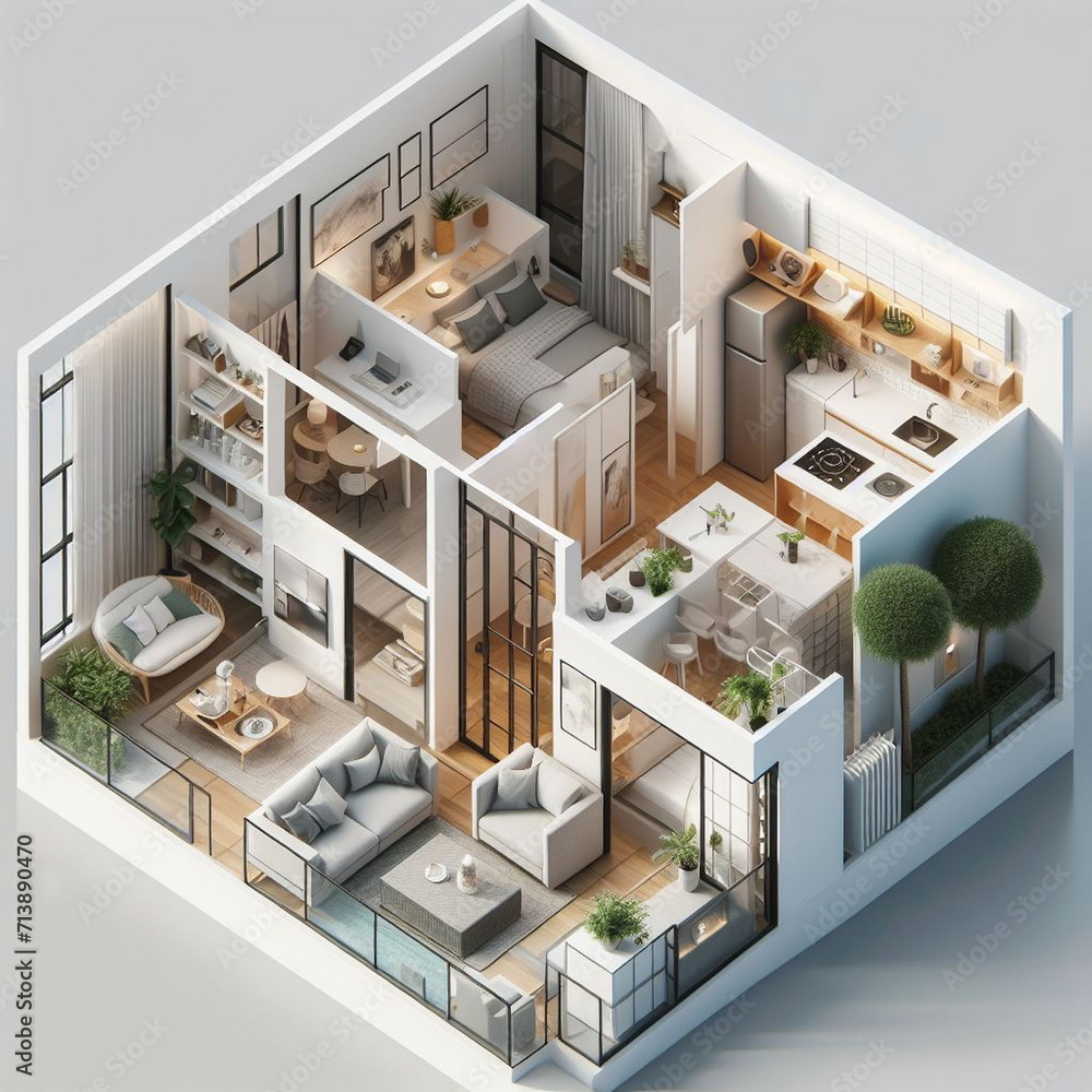 Interior of modern living room isometric view from above 3d rendering ...