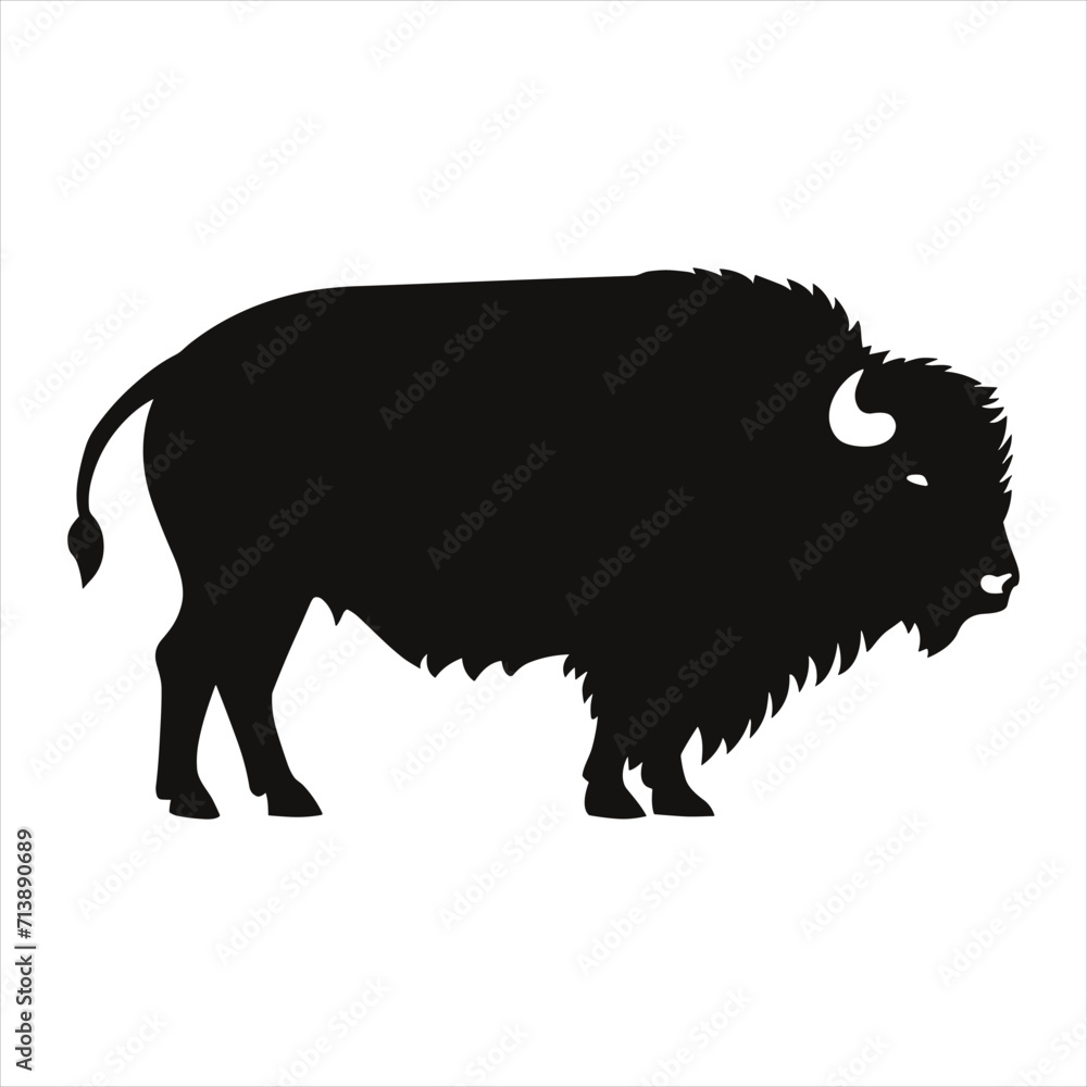 black silhouette of a American bison with thick outline side view ...