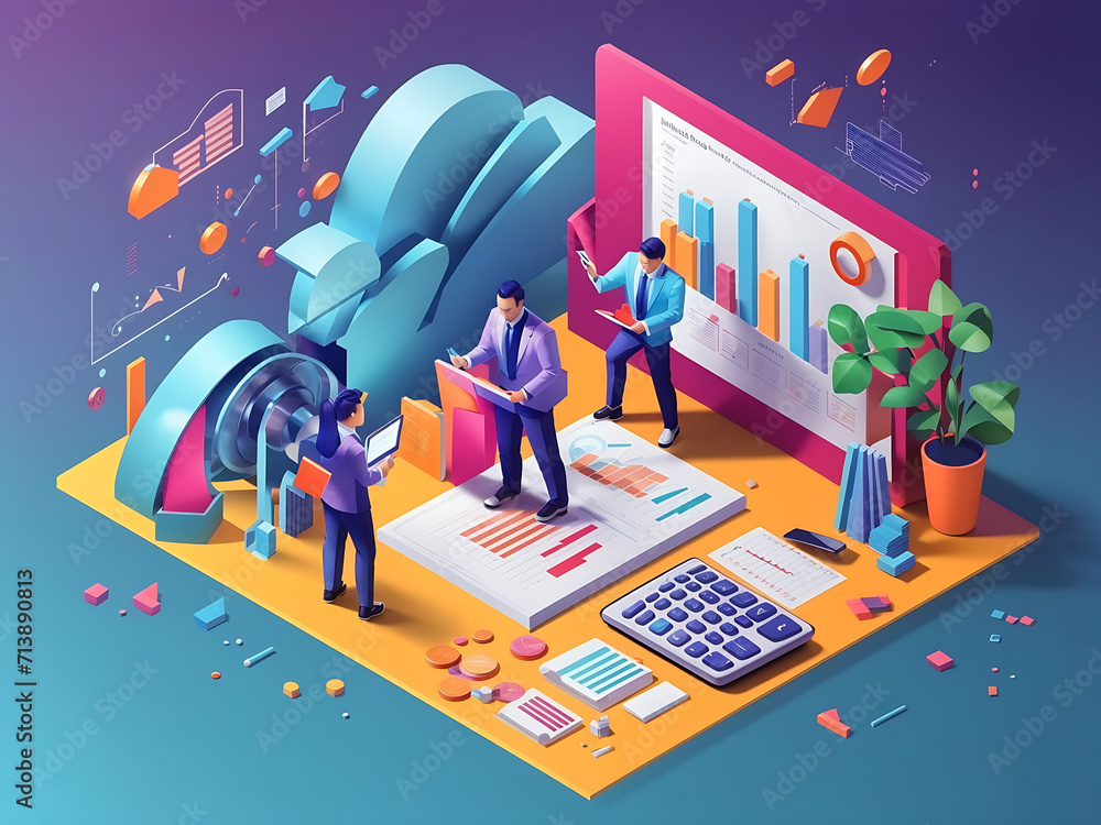Business and marketing concept in 3d isometric design. People calculate ...
