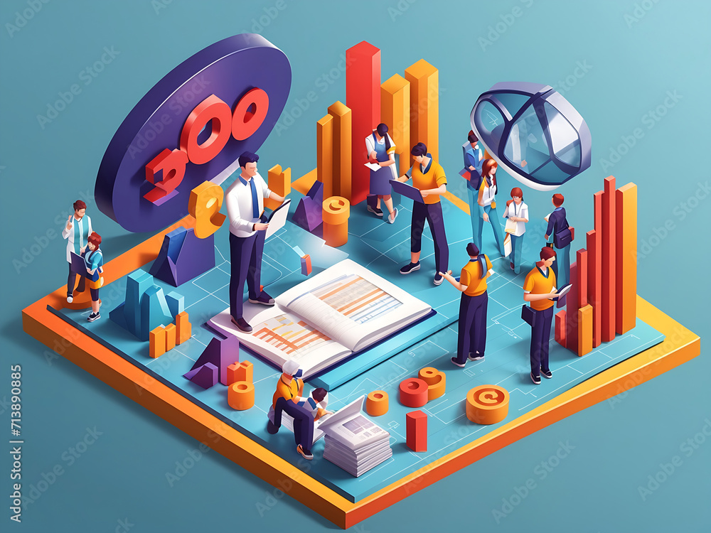 Business and marketing concept in 3d isometric design. People calculate ...