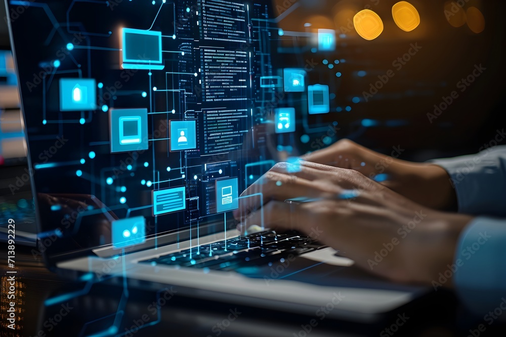 Professional Working on Laptop with Futuristic Interface Stock ...
