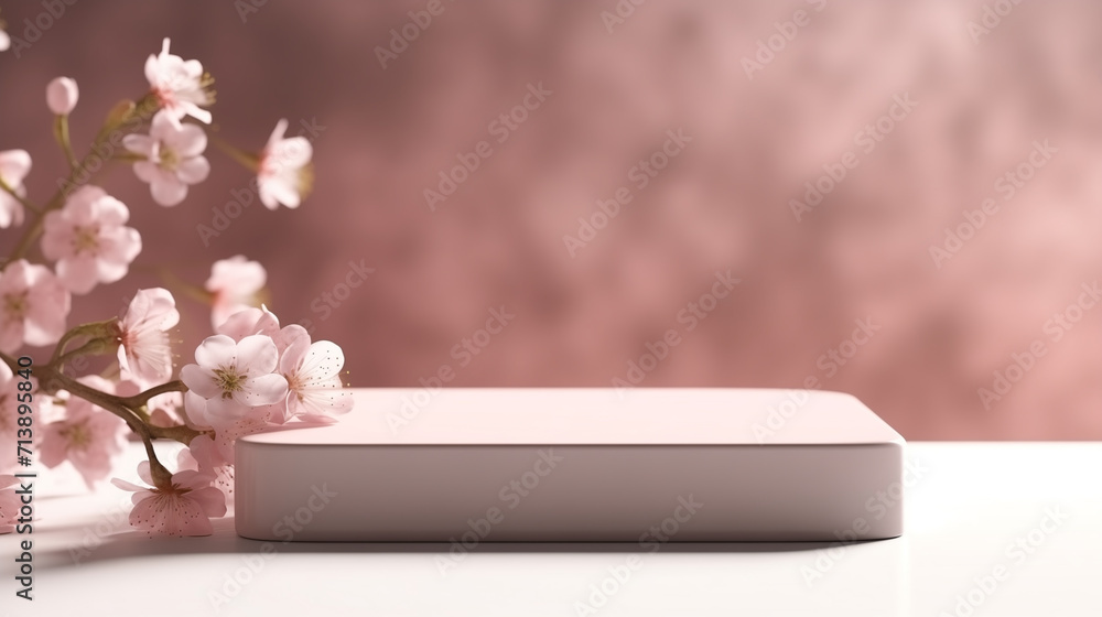 Blossom around marble granite podium stage platform and natural shadow ...