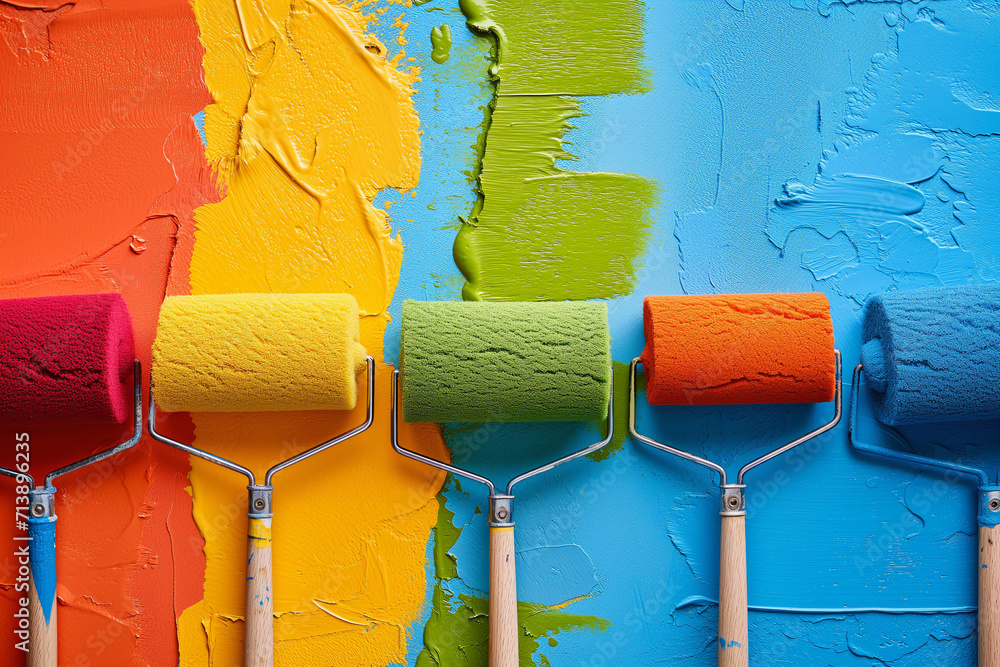 Rainbow paint roller with print. Full frame shot of multi colored ...