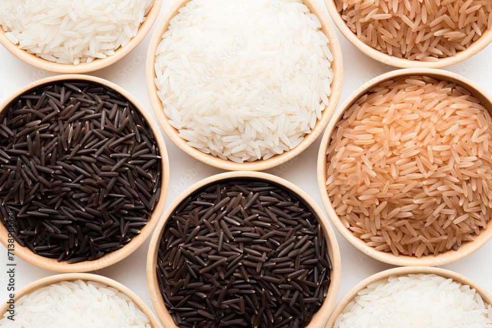 Different types and colors of rice including white glutinous black ...