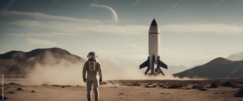 Back view of an astronaut looking at a rocket taking off in the ...