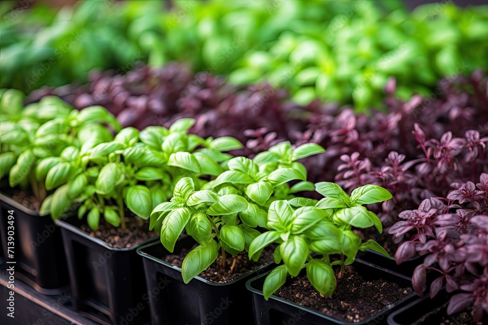 Basil young plants in rows in variety: Thai, Genovese, Piccolino ...