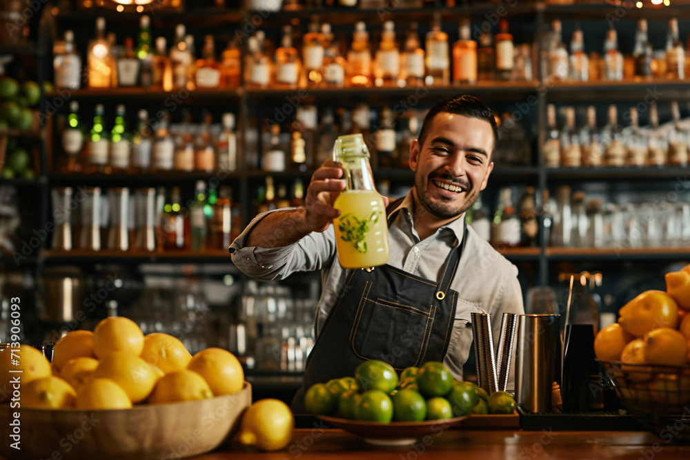 Bartender Mixing Drinks with Lemons and Limes in a Bar - Generative AI ...