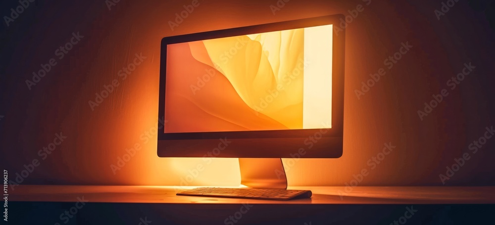 A glowing computer monitor on a blank wall, illuminated by a single ...