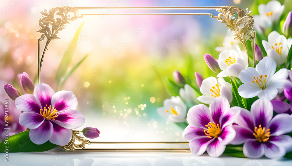 Spring frame of spring flowers on an elegant background with bokeh ...