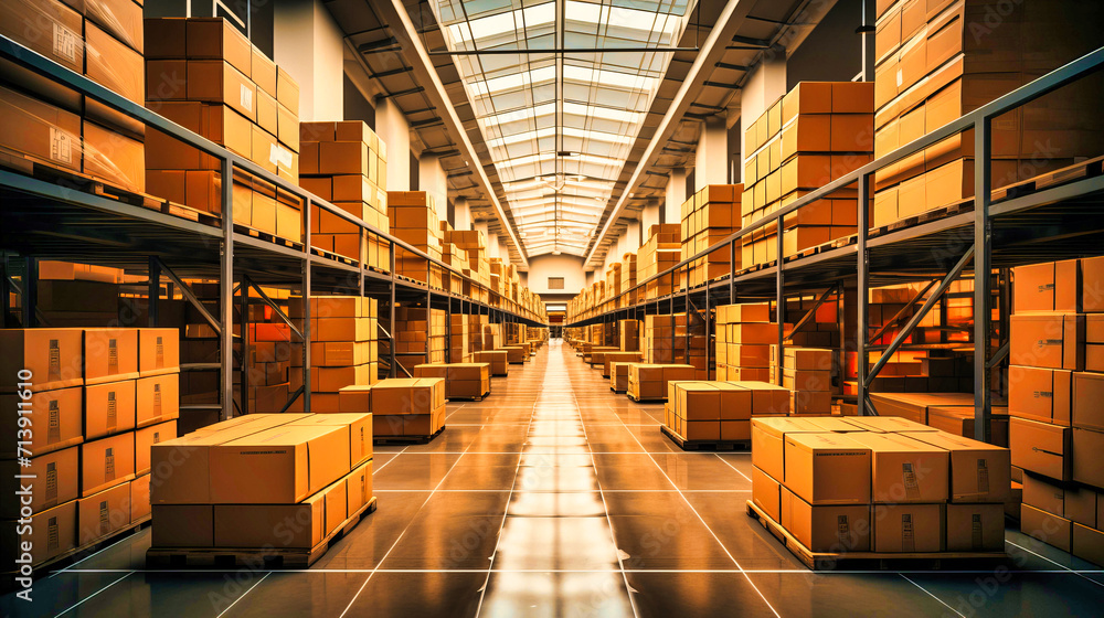 Navigate through a modern industrial warehouse with neatly organized ...