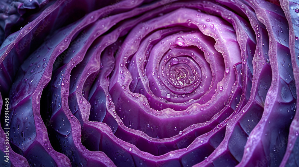 An image of a red cabbage cross-section, capturing the subtle ...