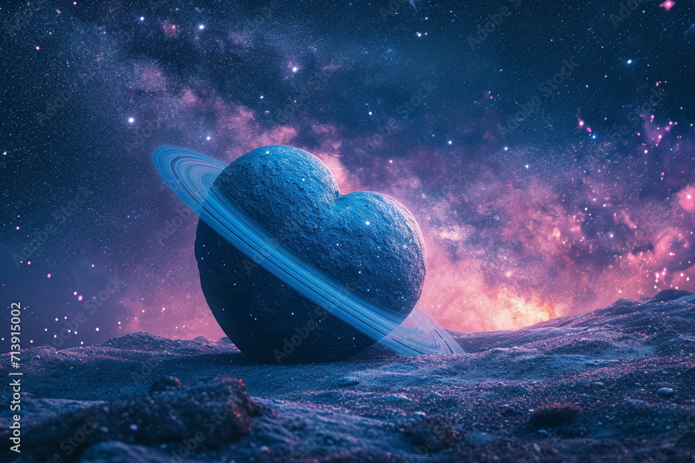 A surreal portrayal of a heart-shaped planet with rings like Saturn ...
