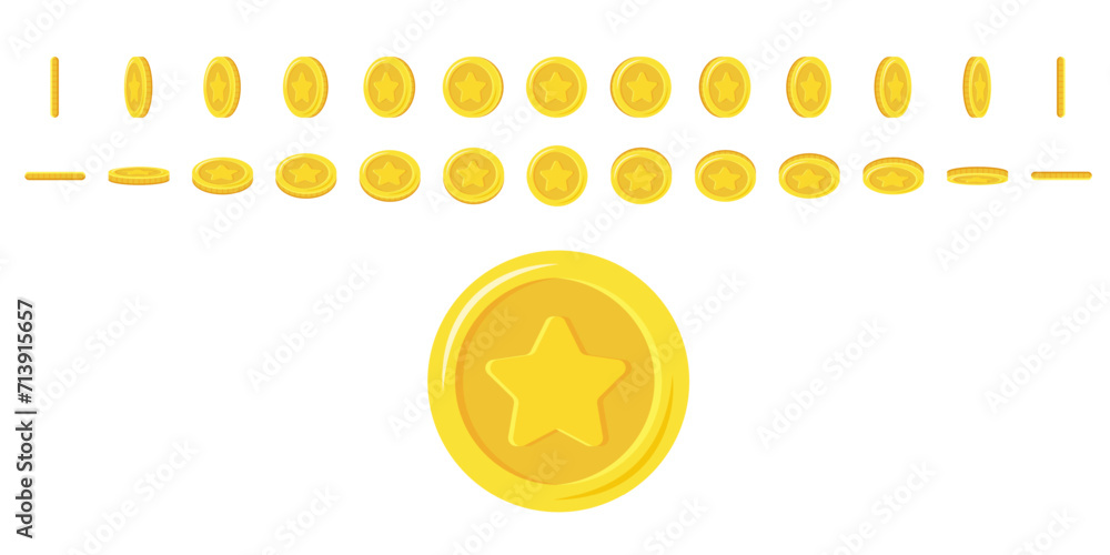 Coins star rotating. Set of rotation gold coins at different angles for ...