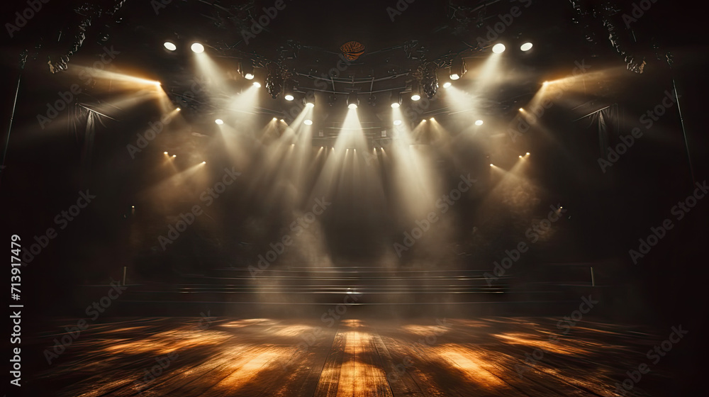 Empty concert stage with illuminated spotlights and smoke. Stage ...