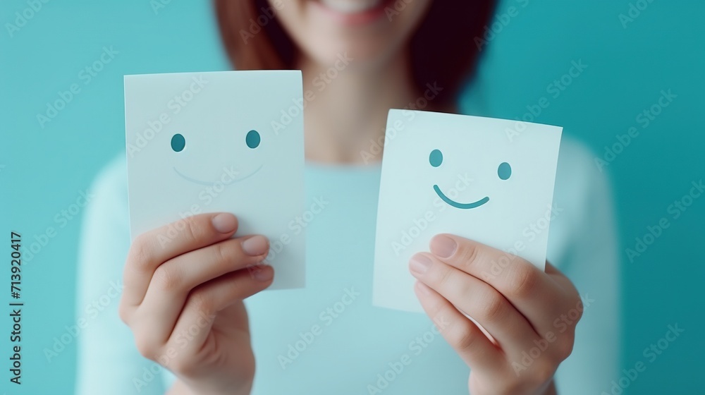 Woman holding smiling paper in her hands blue background stock ...