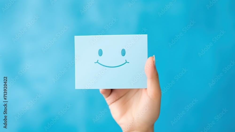 Woman holding smiling paper in her hands blue background stock ...