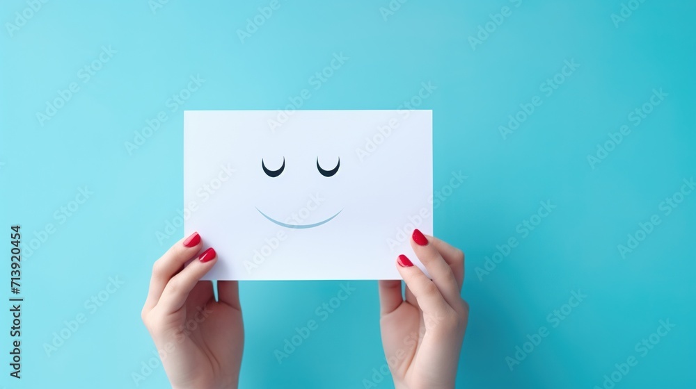 Woman holding smiling paper in her hands blue background stock ...