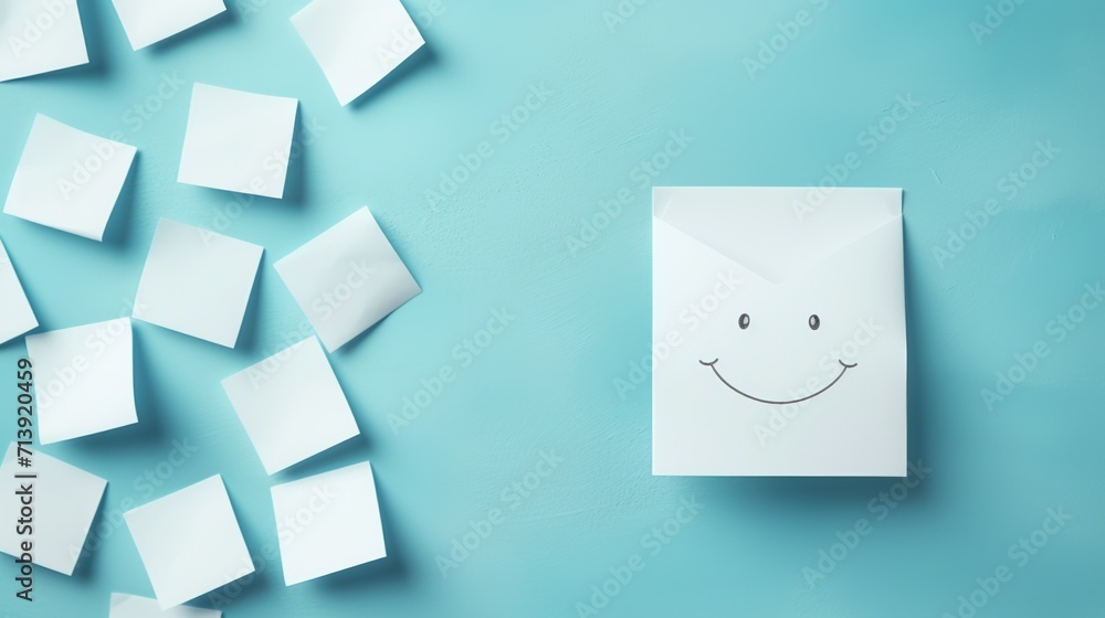 Woman holding smiling paper in her hands blue background stock ...