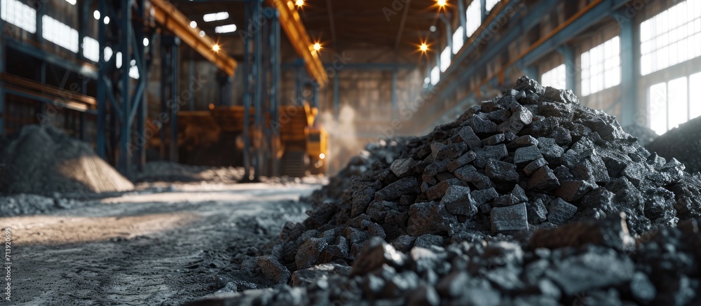 Big heap of dark black lump coal on floor bulk Charcoal sorage at ...
