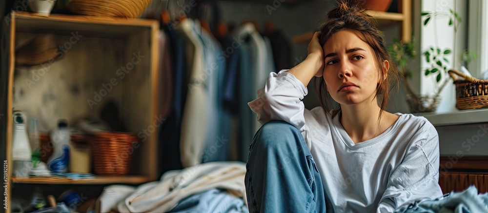 Bored sad and woman cleaning laundry housework stress and tired of ...